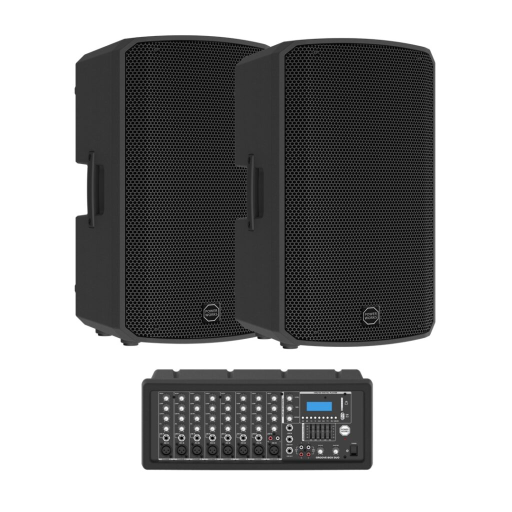 PowerWorks GROOVE-BOX DUO 2 x 12” Passive PA Speakers+ 8 Ch Powermixer ...